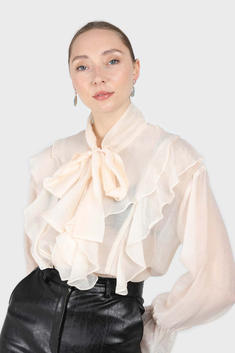 Ivory frill tie neck long sleeve blouse | Glassworks London