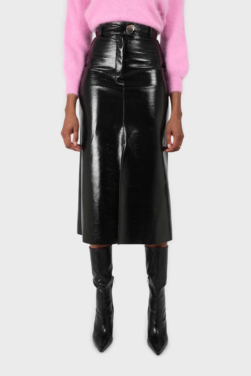 Black PVC front slit gold button maxi skirt | Glassworks London