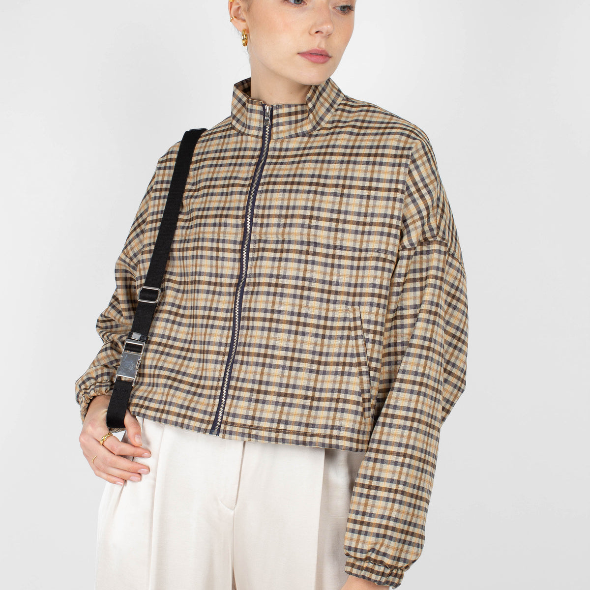 Beige checked zip up blouson jacket | Glassworks London
