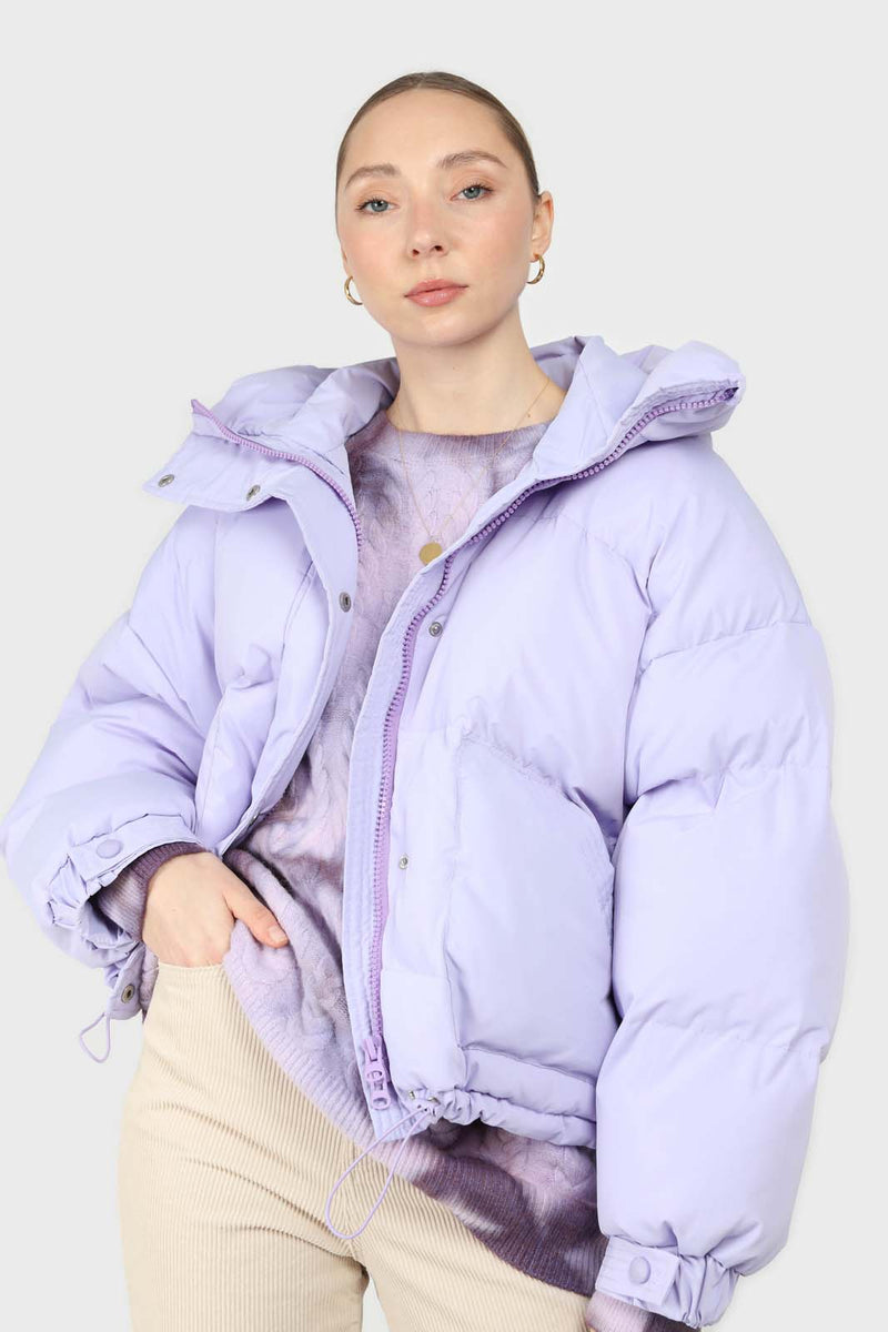 Lilac hooded thick puffer jacket | Glassworks London