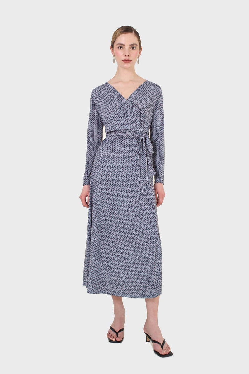 Blue and purple diamond jersey wrap dress | Glassworks London