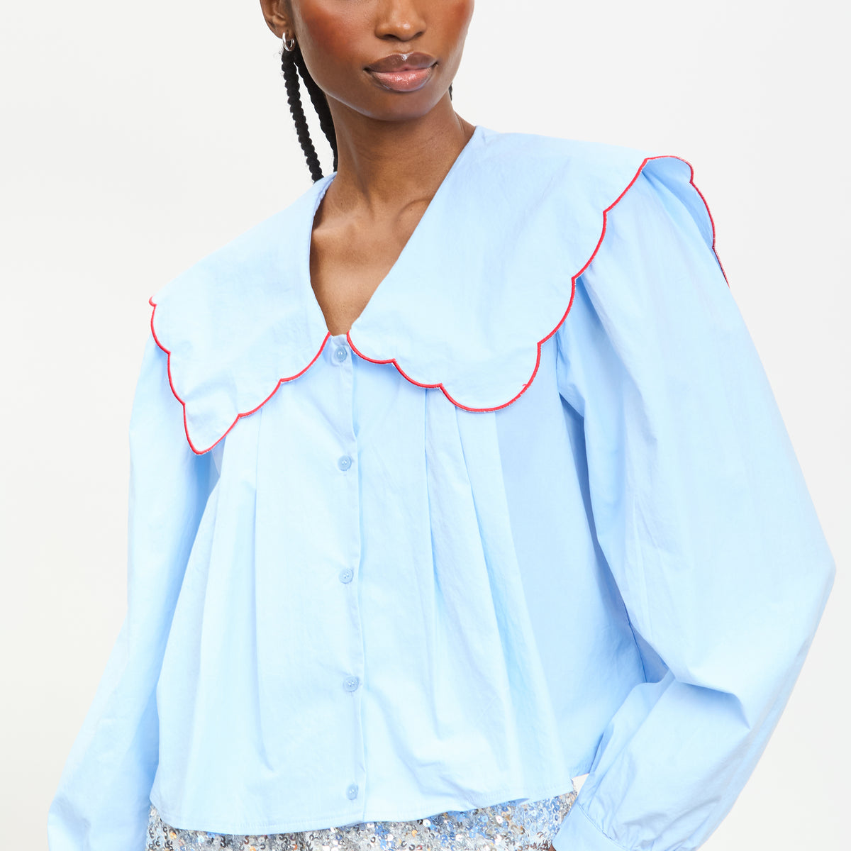 Baby blue contrast trim scalloped giant collar shirt | Glassworks London