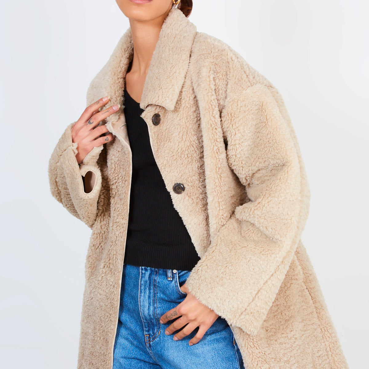 Beige thick fuzzy coat | Glassworks London