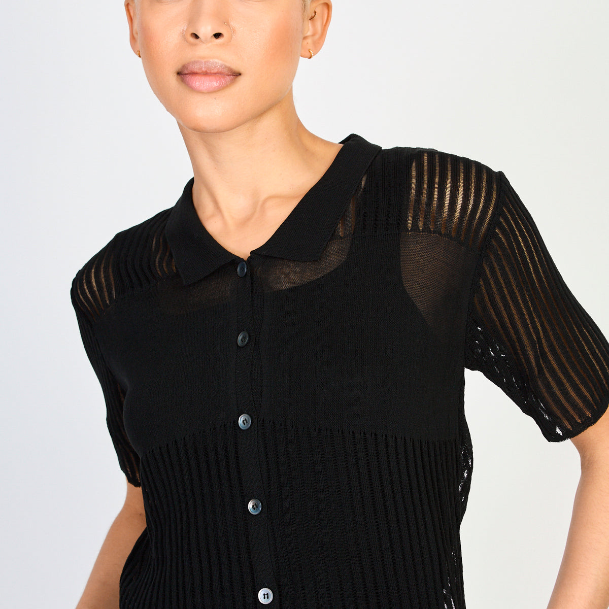 Black semi sheer block stripe knit tee | Glassworks London