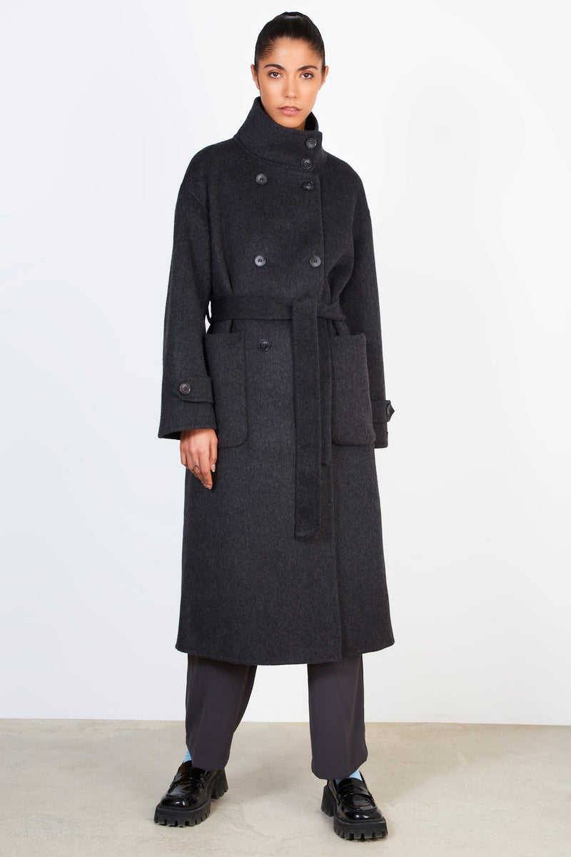 Black wool blend double breasted funnel neck coat | Glassworks London
