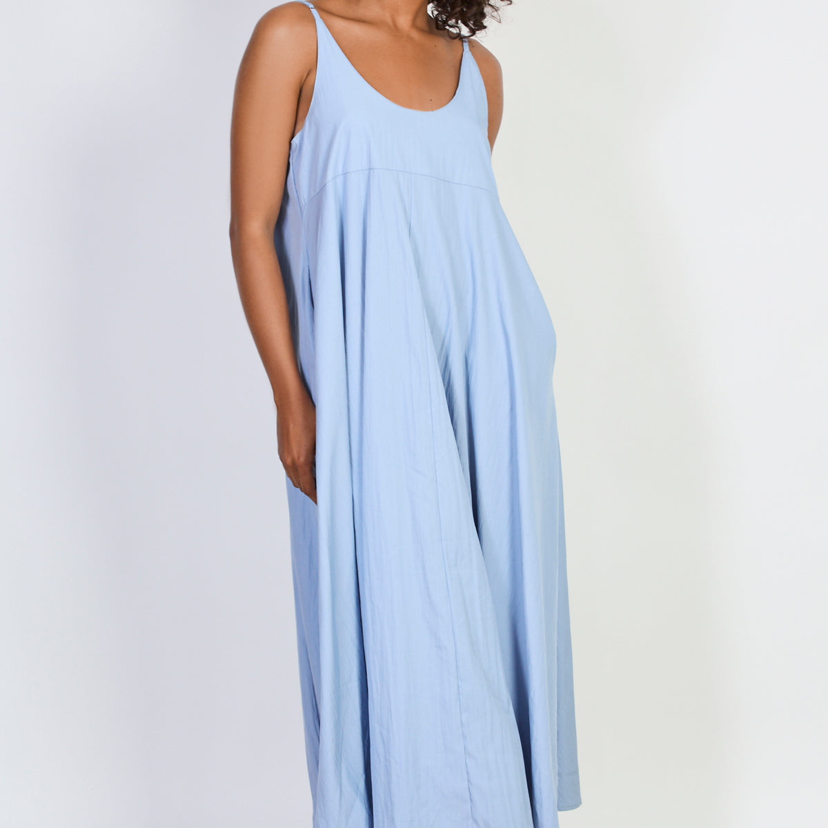 Blue V neck floaty midi dress | Glassworks London