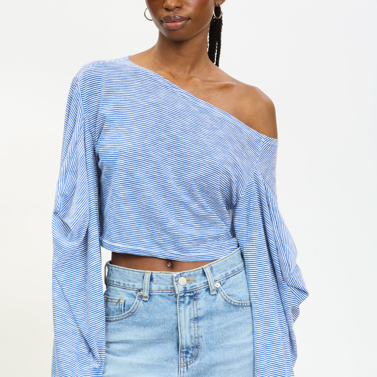 Blue and ivory striped off shoulder slouchy top | Glassworks London