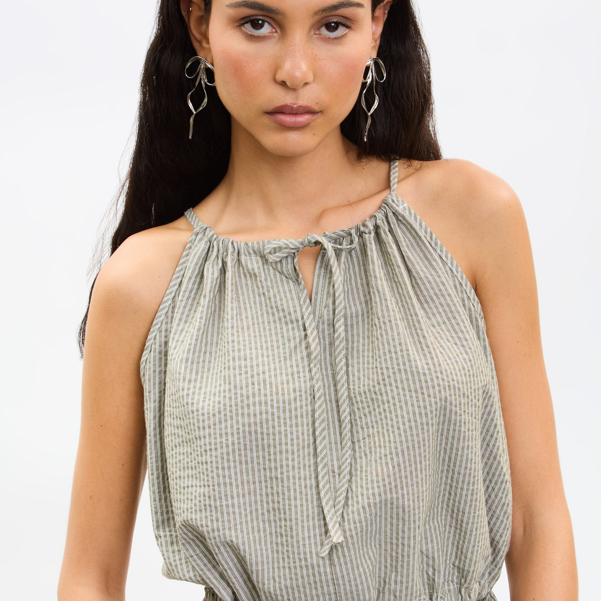 Khaki and ivory vertical thin strap side cinch tank | Glassworks London