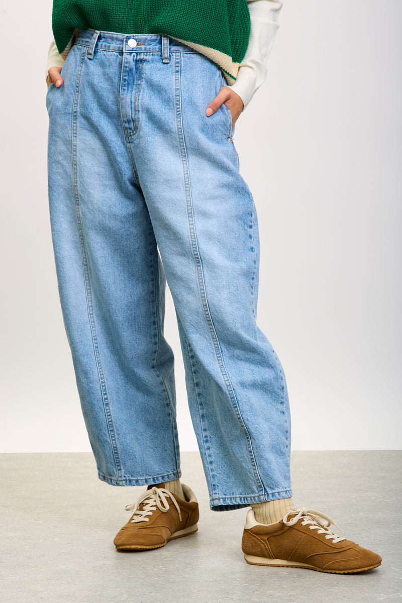 Blue seamed barrel leg jeans | Glassworks London