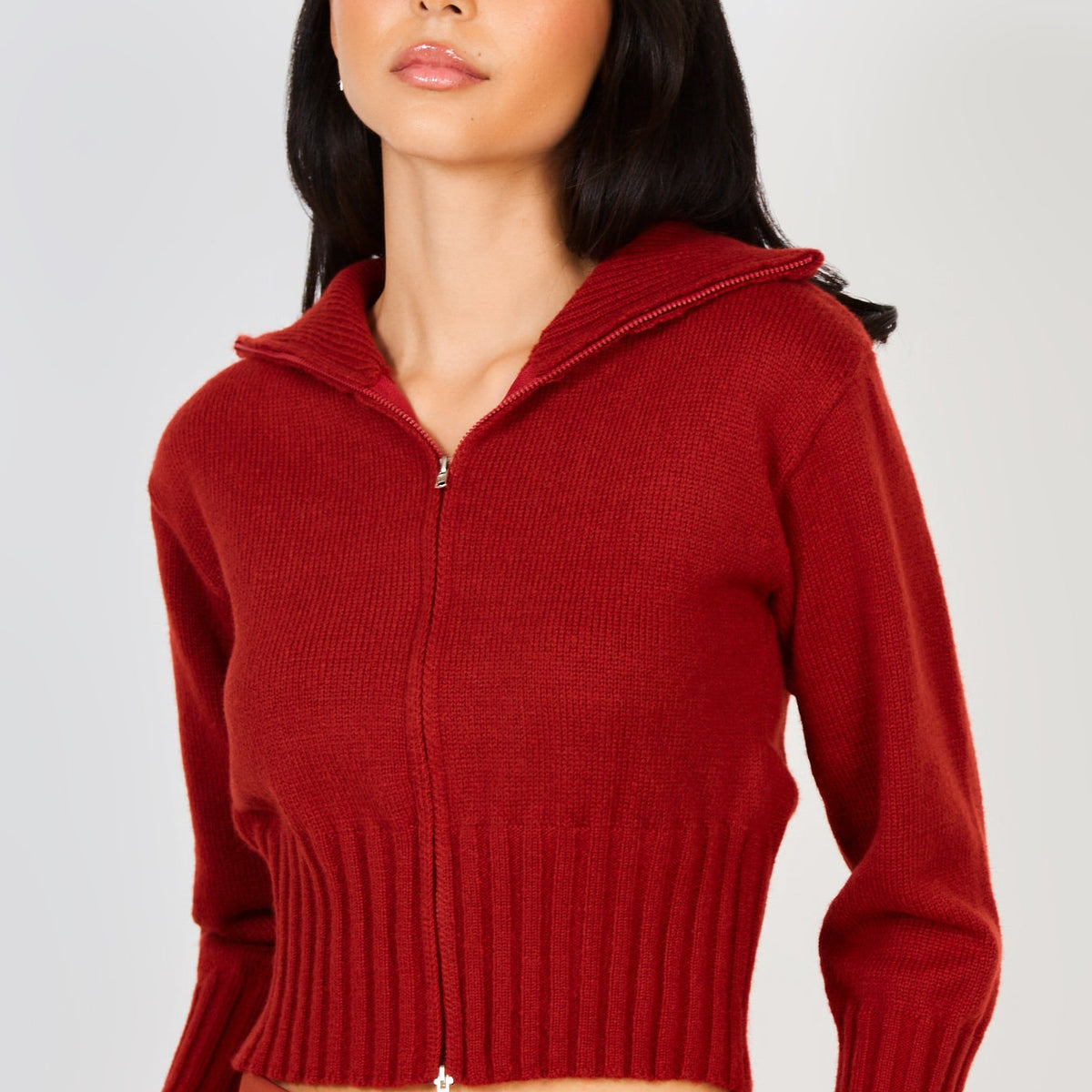 Burgundy high neck double zip cardigan | Glassworks London