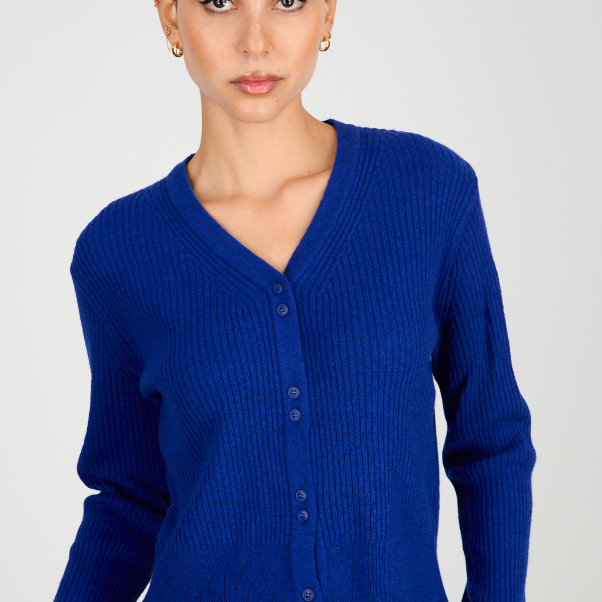Cobalt blue staggered double button cardigan | Glassworks London