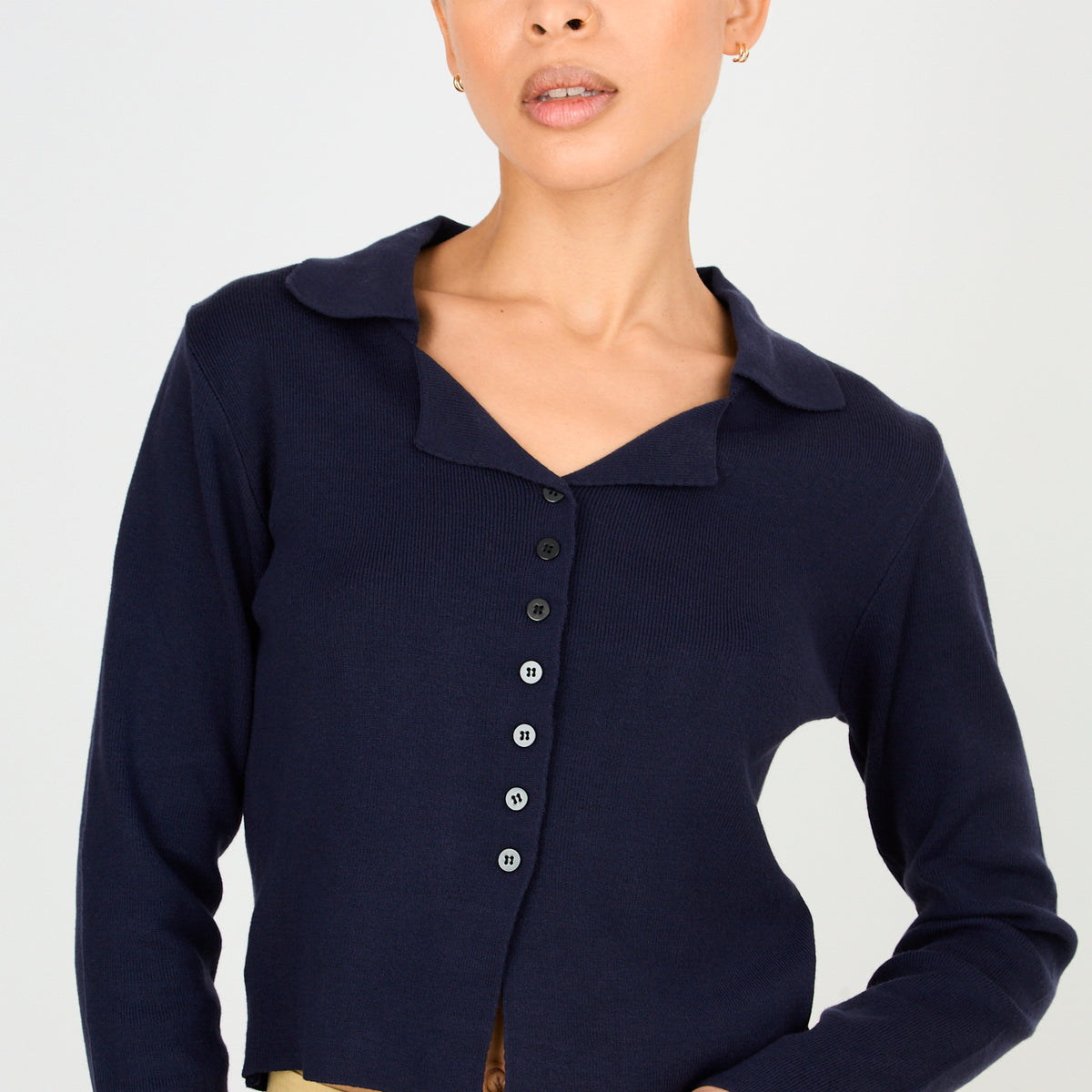 Dark blue collared tiny button cardigan | Glassworks London