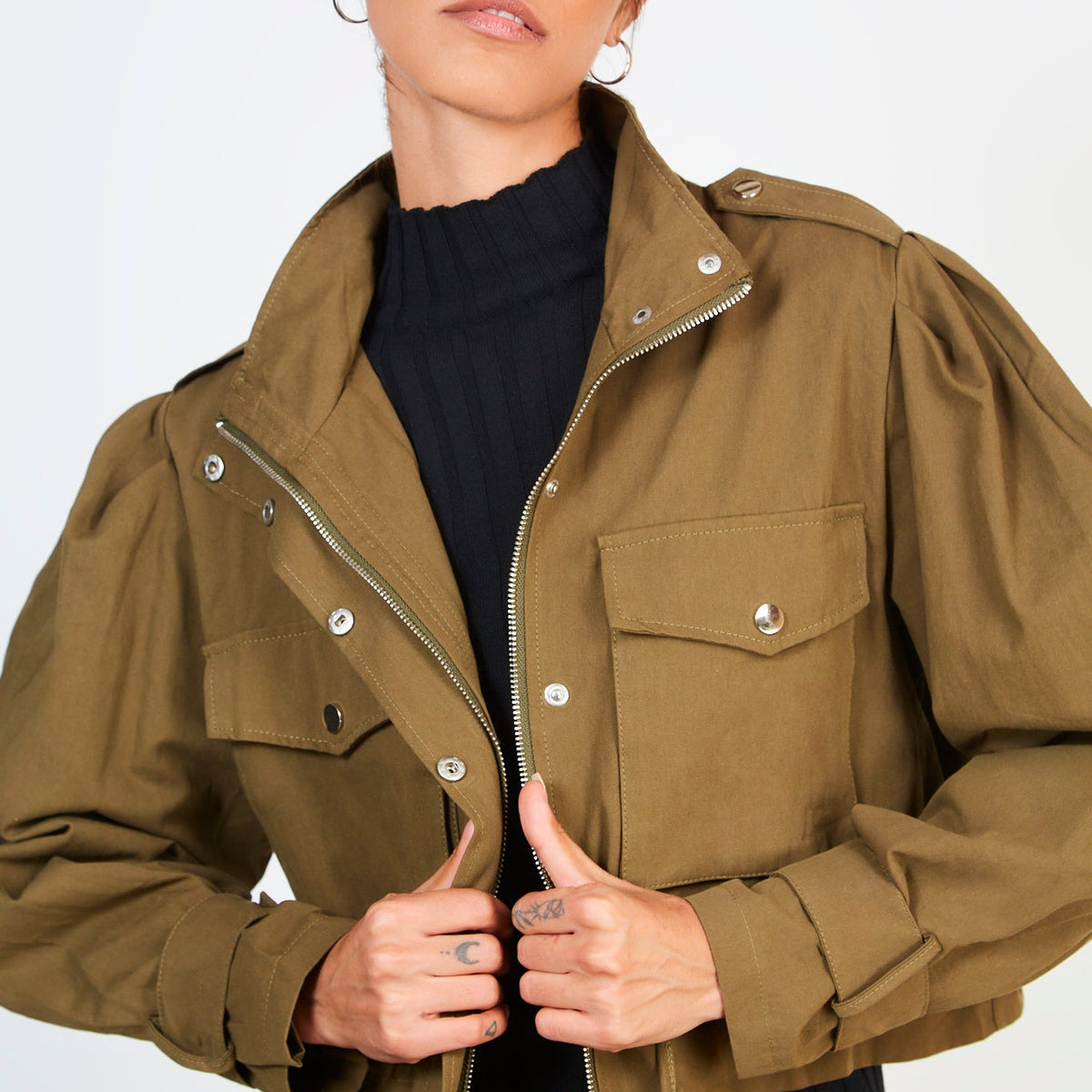 Khaki short pocket front jacket | Glassworks London