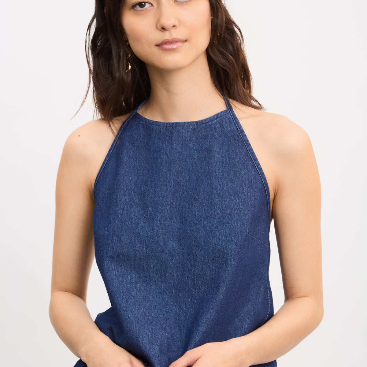 Denim open back halter neck top | Glassworks London