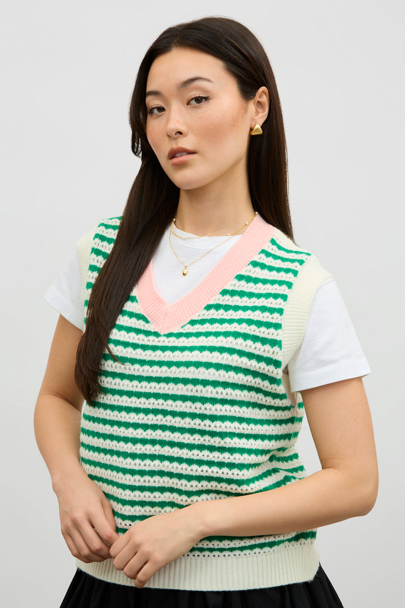Green and ivory striped pink collar sweater vest | Glassworks London