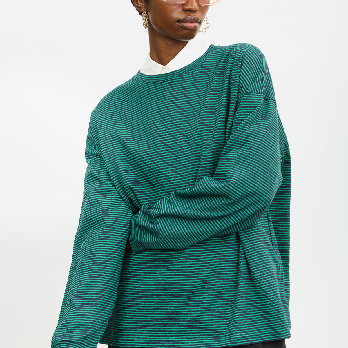 Green and navy horizontal stripe long sleeve tee | Glassworks London