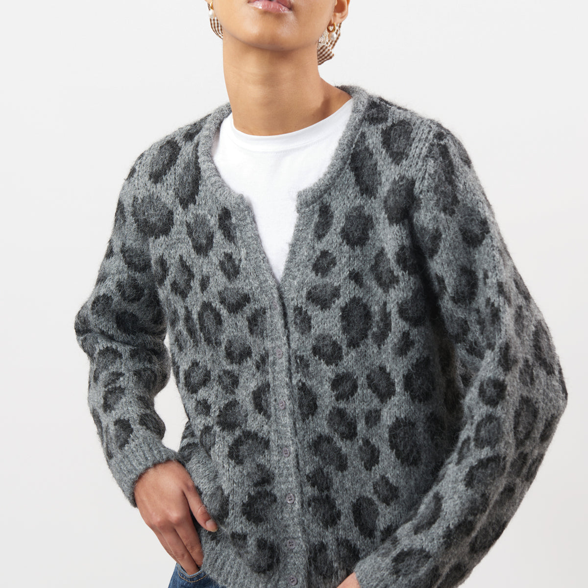 Grey leopard fuzzy wool blend cardigan | Glassworks London