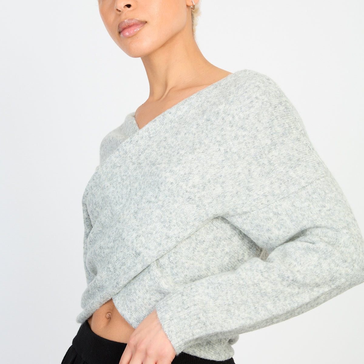 Heather grey wool blend cross front jumper | Glassworks London