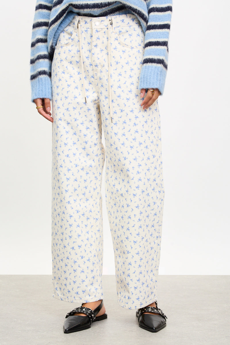 Ivory and blue ditsy floral print jeans | Glassworks London