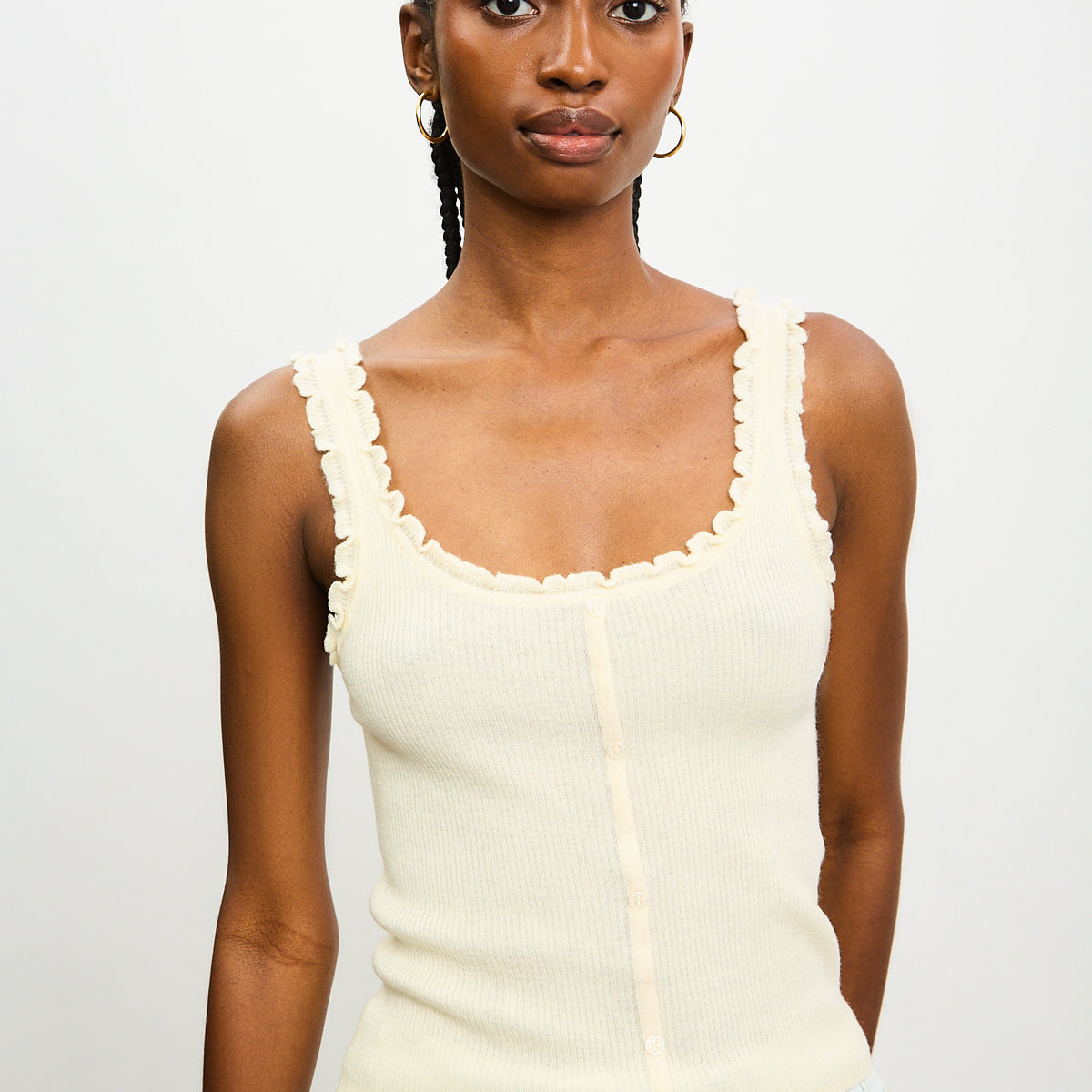 Ivory frill trim button up knit tank | Glassworks London
