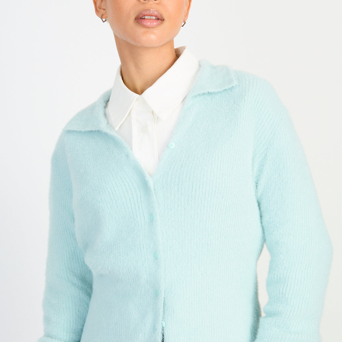 Light blue fuzzy collared cardigan | Glassworks London