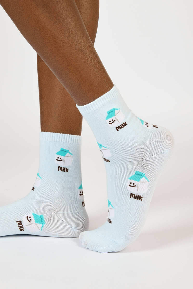 Light blue happy milk cartons socks | Glassworks London