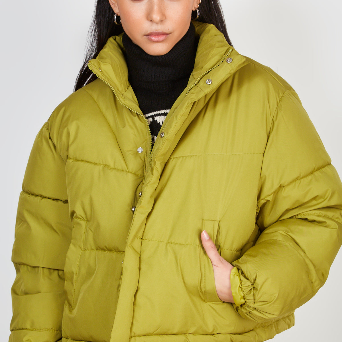 Lime green high neck puffer jacket | Glassworks London