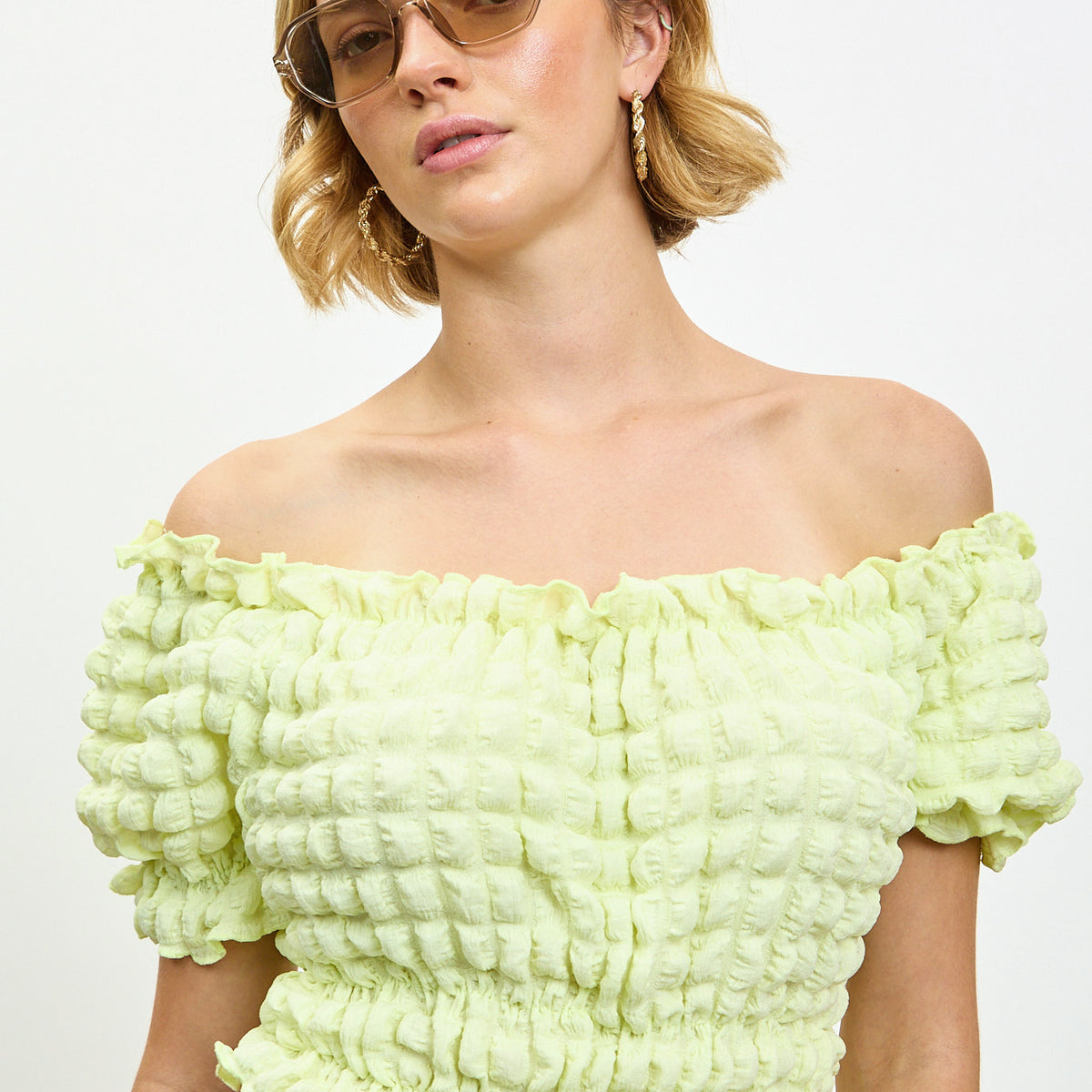 Lime textured puff off shoulder top | Glassworks London