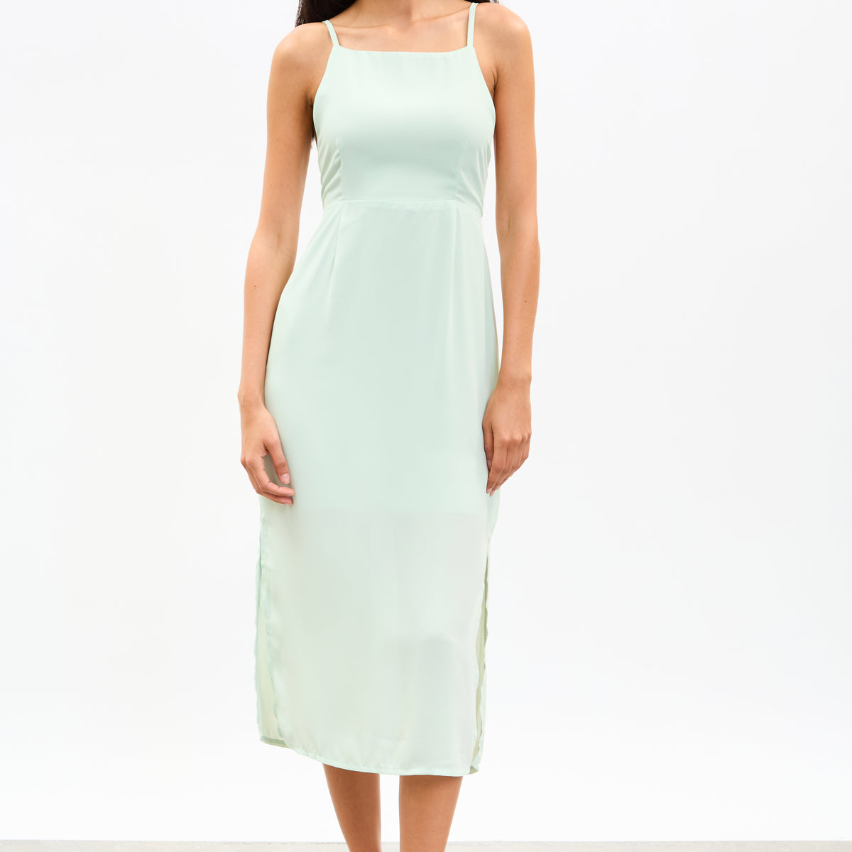 Mint green cross tie back strappy dress | Glassworks London