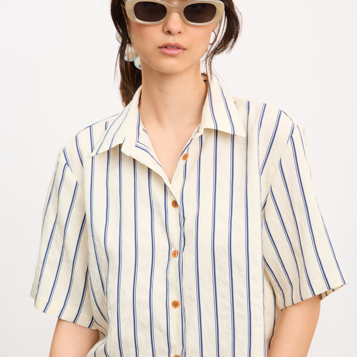 Navy and ivory double stripe short sleeve shirt | Glassworks London