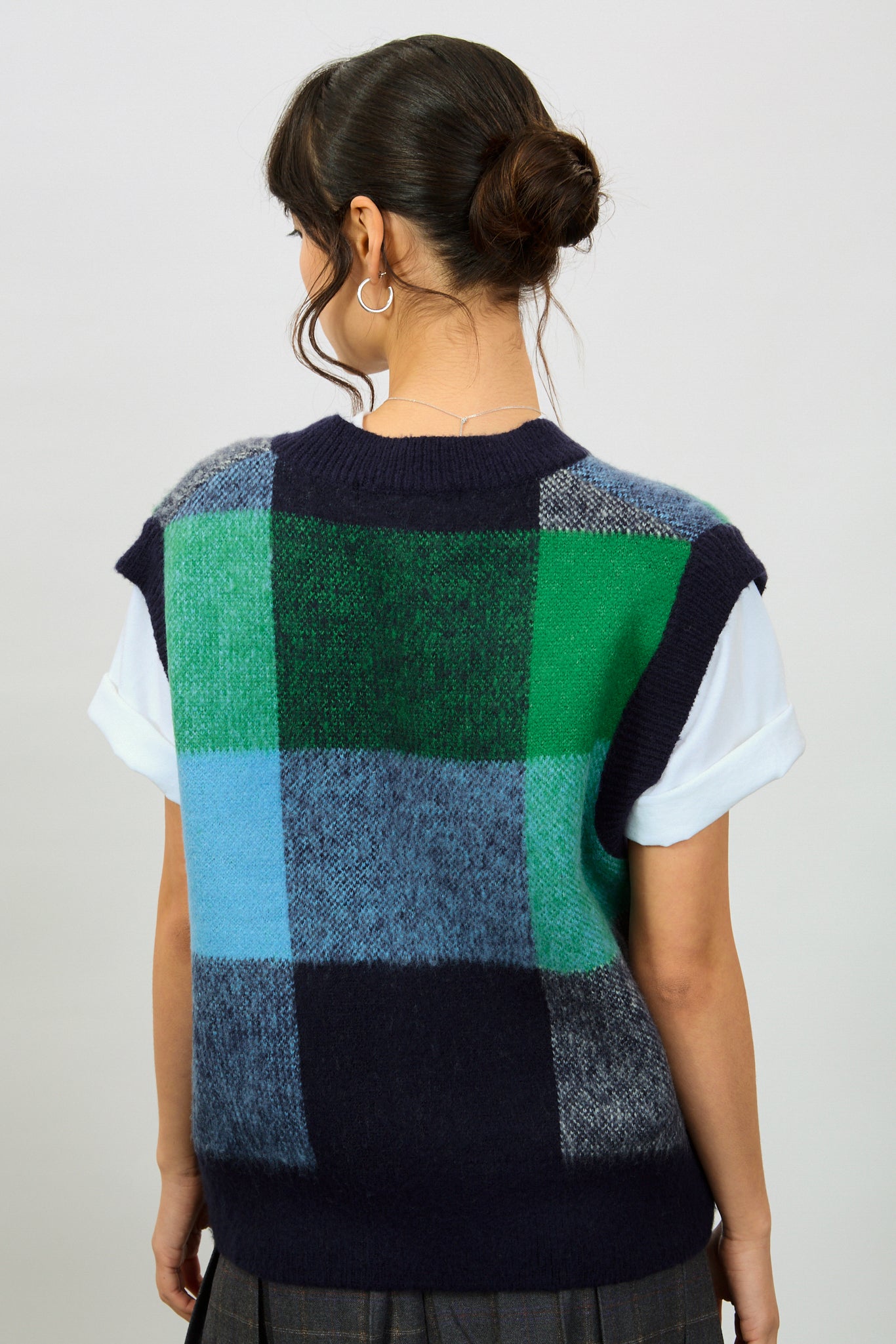 Navy green and light blue block check sweater vest | Glassworks London