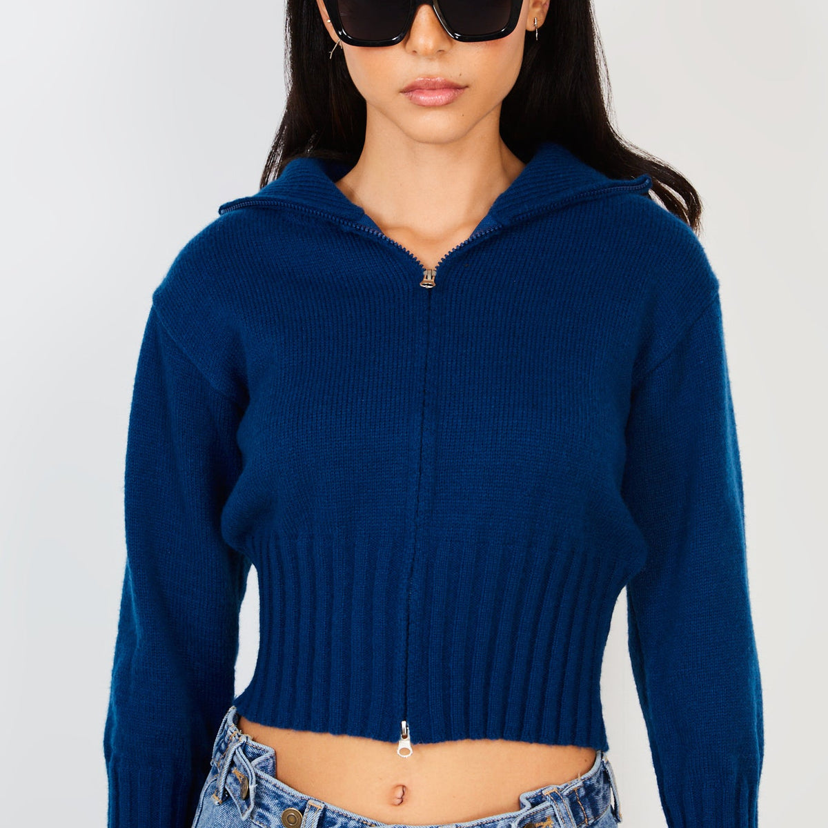 Navy blue high neck double zip cardigan | Glassworks London