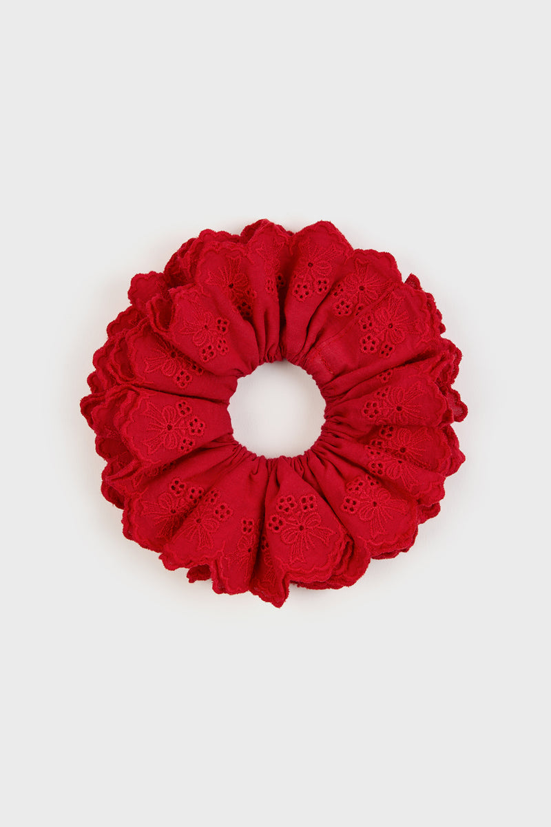 Red floral ribbon cluster embroidered scrunchie | Glassworks London
