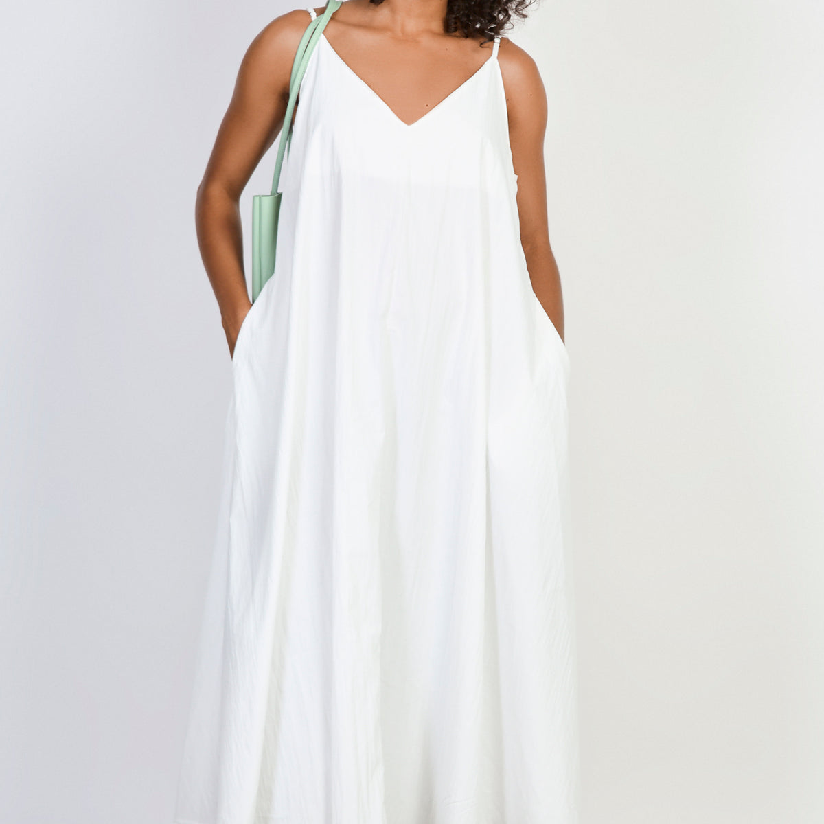 White V neck floaty midi dress | Glassworks London
