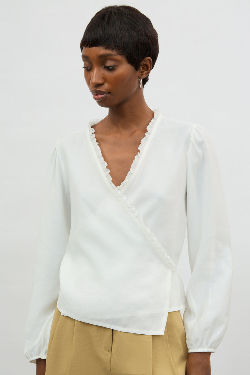White frill trim wrap shirt blouse | Glassworks London
