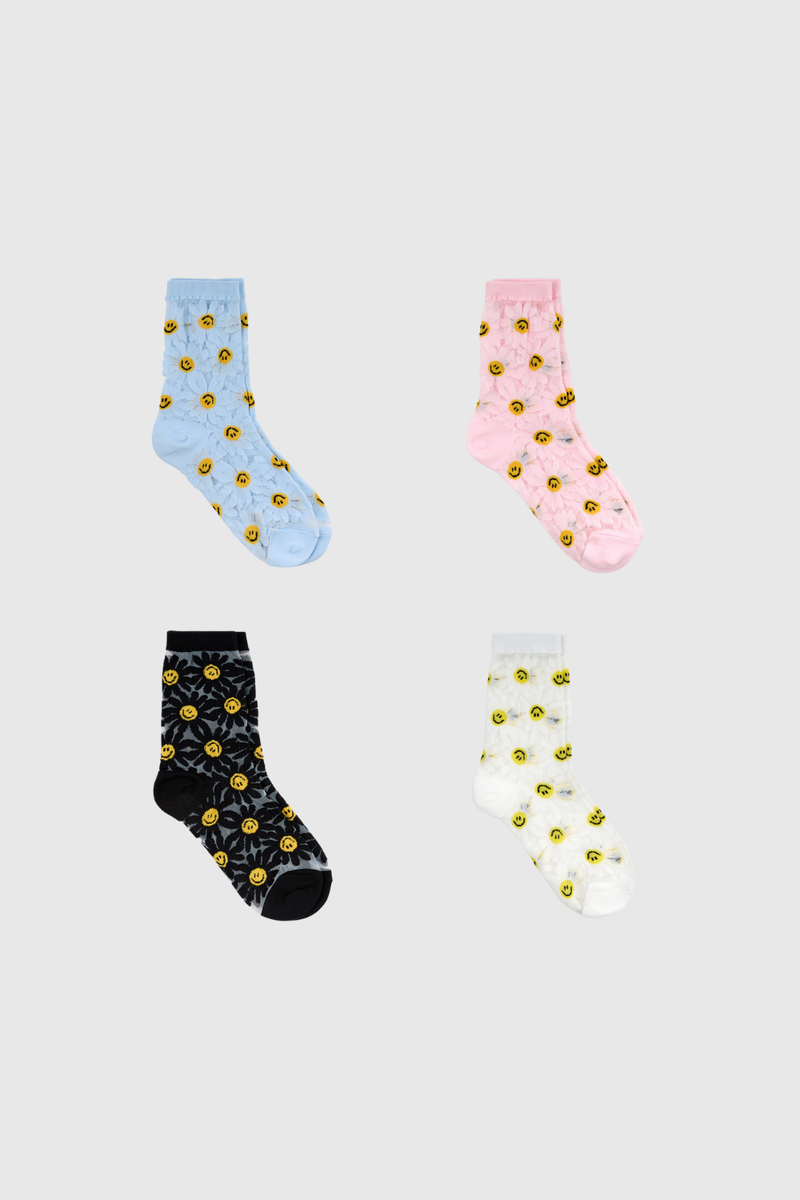 Sheer daisy smiley face socks - Set of 4 – Glassworks London
